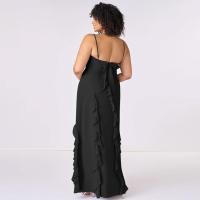 China Excellent Plus Size Black Chiffon Bridesmaid Dress Sheath Spaghetti Straps Ruffles Backless Straight Front Split Slit for sale