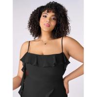 China Excellent Plus Size Black Chiffon Bridesmaid Dress Sheath Spaghetti Straps Ruffles Backless Straight Front Split Slit for sale