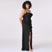 China Excellent Plus Size Black Chiffon Bridesmaid Dress Sheath Spaghetti Straps Ruffles Backless Straight Front Split Slit for sale