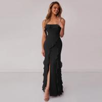 China Excellent Plus Size Black Chiffon Bridesmaid Dress Sheath Spaghetti Straps Ruffles Backless Straight Front Split Slit for sale