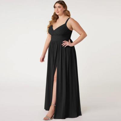 China Wonderful Spaghetti Straps Black Chiffon Bridesmaid Dress Sleeveless V-Neck Pleated Ruffles Zipper Plus Size for sale