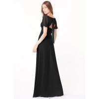 China Perfect Plus Size Black Chiffon Long Bridesmaid Dress Short Sleeves Keyhole Ruched A-Line V-neck Front Split Slit for sale