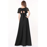 China Perfect Plus Size Black Chiffon Long Bridesmaid Dress Short Sleeves Keyhole Ruched A-Line V-neck Front Split Slit for sale