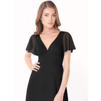 China Perfect Plus Size Black Chiffon Long Bridesmaid Dress Short Sleeves Keyhole Ruched A-Line V-neck Front Split Slit for sale