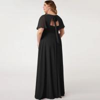 China Perfect Plus Size Black Chiffon Long Bridesmaid Dress Short Sleeves Keyhole Ruched A-Line V-neck Front Split Slit for sale