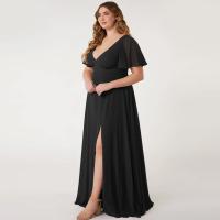 China Perfect Plus Size Black Chiffon Long Bridesmaid Dress Short Sleeves Keyhole Ruched A-Line V-neck Front Split Slit for sale