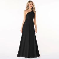 China Perfect Black Chiffon Bridesmaid Dress One-Shoulder Plus Size A-Line Long Floor-Length Sleeveless Pleated for sale