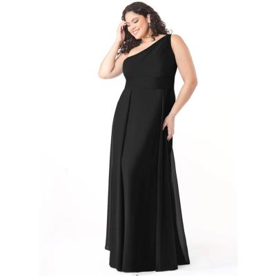 China Perfect Black Chiffon Bridesmaid Dress One-Shoulder Plus Size A-Line Long Floor-Length Sleeveless Pleated for sale