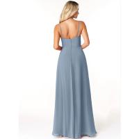 China Professional OEM Sky Blue Chiffon Long Bridesmaid Dress Spaghetti Straps Scoop Neck Front Split Slit A-Line for Wedding for sale