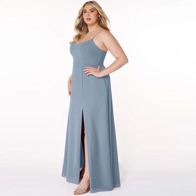 China Professional OEM Sky Blue Chiffon Long Bridesmaid Dress Spaghetti Straps Scoop Neck Front Split Slit A-Line for Wedding for sale