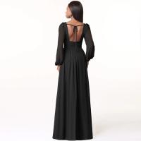 China Charming OEM Chiffon Long Bridesmaid Dress A-Line V-Neck Long Sleeves Front Split Slit Backless Ruffles for sale