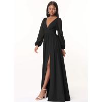 China Charming OEM Chiffon Long Bridesmaid Dress A-Line V-Neck Long Sleeves Front Split Slit Backless Ruffles for sale