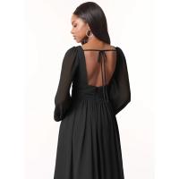 China Charming OEM Chiffon Long Bridesmaid Dress A-Line V-Neck Long Sleeves Front Split Slit Backless Ruffles for sale