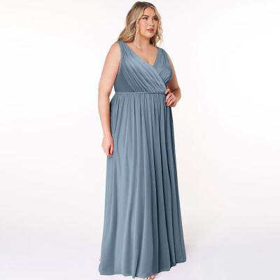 China Elegant A-Line Front Split Slit Sky Blue Chiffon V-Neck Sleeveless Pleated  Backless Plus Size YKK Zipper for sale