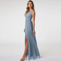 China Elegant A-Line Front Split Slit Sky Blue Chiffon V-Neck Sleeveless Pleated  Backless Plus Size YKK Zipper for sale