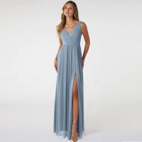 China Elegant A-Line Front Split Slit Sky Blue Chiffon V-Neck Sleeveless Pleated  Backless Plus Size YKK Zipper for sale