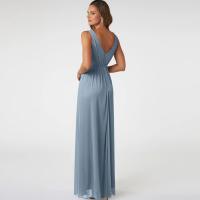 China Elegant A-Line Front Split Slit Sky Blue Chiffon V-Neck Sleeveless Pleated  Backless Plus Size YKK Zipper for sale