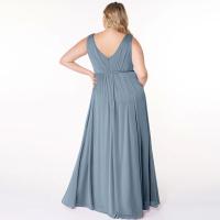 China Elegant A-Line Front Split Slit Sky Blue Chiffon V-Neck Sleeveless Pleated  Backless Plus Size YKK Zipper for sale