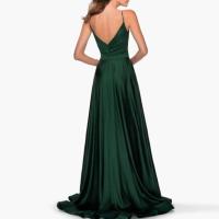 China Excellent Sleeveless Royal Blue Satin Long Evening Dress Front Split Slit Spaghetti Straps Sweep Train A-Line Ruffles for sale
