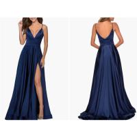 China Excellent Sleeveless Royal Blue Satin Long Evening Dress Front Split Slit Spaghetti Straps Sweep Train A-Line Ruffles for sale