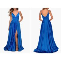 China Excellent Sleeveless Royal Blue Satin Long Evening Dress Front Split Slit Spaghetti Straps Sweep Train A-Line Ruffles for sale