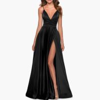 China Excellent Sleeveless Royal Blue Satin Long Evening Dress Front Split Slit Spaghetti Straps Sweep Train A-Line Ruffles for sale