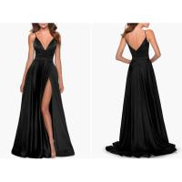 China Excellent Sleeveless Royal Blue Satin Long Evening Dress Front Split Slit Spaghetti Straps Sweep Train A-Line Ruffles for sale