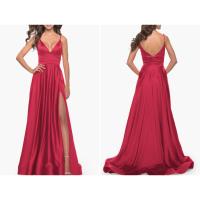 China Excellent Sleeveless Royal Blue Satin Long Evening Dress Front Split Slit Spaghetti Straps Sweep Train A-Line Ruffles for sale