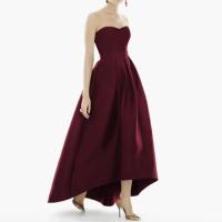 China Gorgeous Factory Custom-made Size High/Low Burgundy Satin Ball Gown Evening Dress Strapless Sweetheart Neck for sale