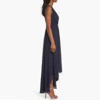 China Stunning Factory Custom-made Size High/Low Blue Chiffon Evening Dress Gown Strapless V-Neck A-Line Sleeveless V-back for sale