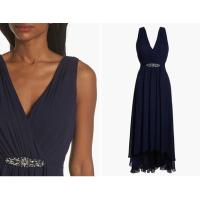 China Stunning Factory Custom-made Size High/Low Blue Chiffon Evening Dress Gown Strapless V-Neck A-Line Sleeveless V-back for sale