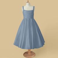 China Wholesale Factory Lovely Blue Satin Flower Girl Dress A-Line Ruffles Tea-length Plus Size Sleeveless Children for sale