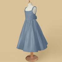 China Wholesale Factory Lovely Blue Satin Flower Girl Dress A-Line Ruffles Tea-length Plus Size Sleeveless Children for sale
