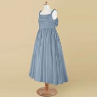 China Wholesale Factory Lovely Blue Satin Flower Girl Dress A-Line Ruffles Tea-length Plus Size Sleeveless Children for sale