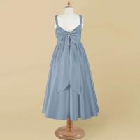 China Wholesale Factory Lovely Blue Satin Flower Girl Dress A-Line Ruffles Tea-length Plus Size Sleeveless Children for sale