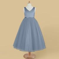 China New Design Blue Tulle Flower Girl Dress Children's Dresses Gown V-neck Customized Sleeveless for sale
