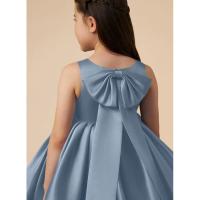 China Wholesale Girl Kids Dress Blue Satin OEM ODM Baby Flower Girl Dresses Clothing Custom-made Size Knee-length Ruffles Ball for sale