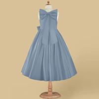 China Wholesale Girl Kids Dress Blue Satin OEM ODM Baby Flower Girl Dresses Clothing Custom-made Size Knee-length Ruffles Ball for sale