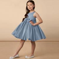 China Wholesale Girl Kids Dress Blue Satin OEM ODM Baby Flower Girl Dresses Clothing Custom-made Size Knee-length Ruffles Ball for sale