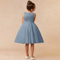 China Lovely Girl Kids Dress Blue Satin OEM ODM Baby Flower Girl Dresses Sleeveless Round Neckline Knee-length Ruffles Ball Go for sale