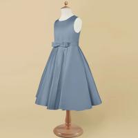 China Lovely Girl Kids Dress Blue Satin OEM ODM Baby Flower Girl Dresses Sleeveless Round Neckline Knee-length Ruffles Ball Go for sale
