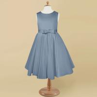 China Lovely Girl Kids Dress Blue Satin OEM ODM Baby Flower Girl Dresses Sleeveless Round Neckline Knee-length Ruffles Ball Go for sale