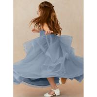 China Beautiful Girl Kids Dress Blue Tulle OEM ODM Baby Flower Girl Dresses Sleeveless Round Neckline Ruffles Ball Gown Wholes for sale