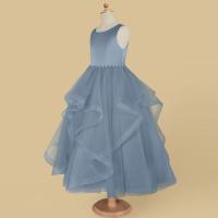 China Beautiful Girl Kids Dress Blue Tulle OEM ODM Baby Flower Girl Dresses Sleeveless Round Neckline Ruffles Ball Gown Wholes for sale