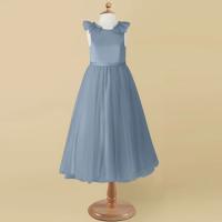 China Popular Girl Kids Dress Blue Tulle OEM ODM Baby Flower Girl Dresses Sleeveless Round Neckline Ruffles Ball Gown Retailer for sale