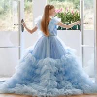 China Summer Girl Clothing Blue Flower Tutu Long Wedding Dress Flower Girl Puffy Birthday Dresses Child for sale