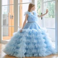 China Summer Girl Clothing Blue Flower Tutu Long Wedding Dress Flower Girl Puffy Birthday Dresses Child for sale