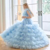 China Summer Girl Clothing Blue Flower Tutu Long Wedding Dress Flower Girl Puffy Birthday Dresses Child for sale