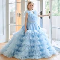 China Summer Girl Clothing Blue Flower Tutu Long Wedding Dress Flower Girl Puffy Birthday Dresses Child for sale