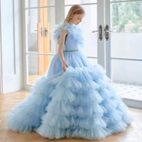 China Summer Girl Clothing Blue Flower Tutu Long Wedding Dress Flower Girl Puffy Birthday Dresses Child for sale